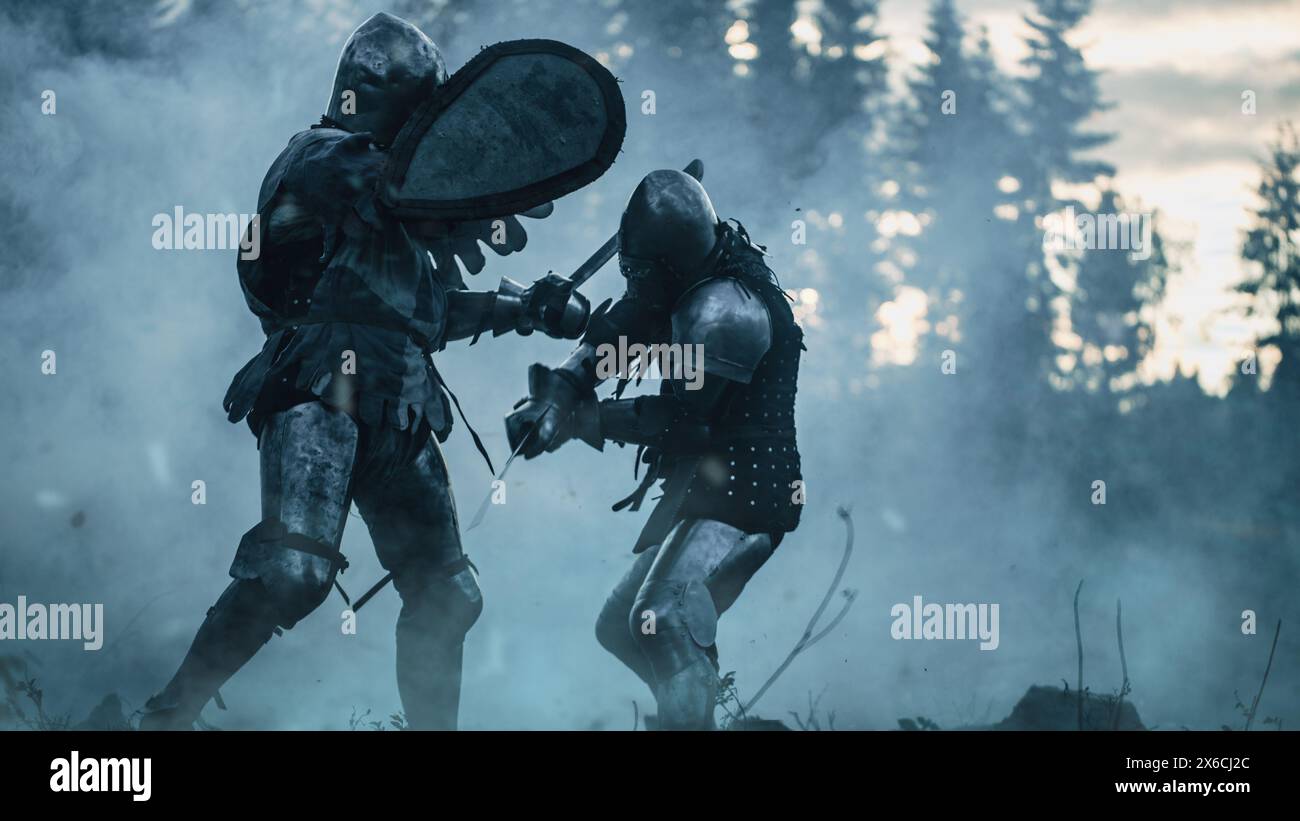 Dark Age Battlefield: Two Armored Medieval Knights Fighting with Swords. Battle of Armed Warrior ...