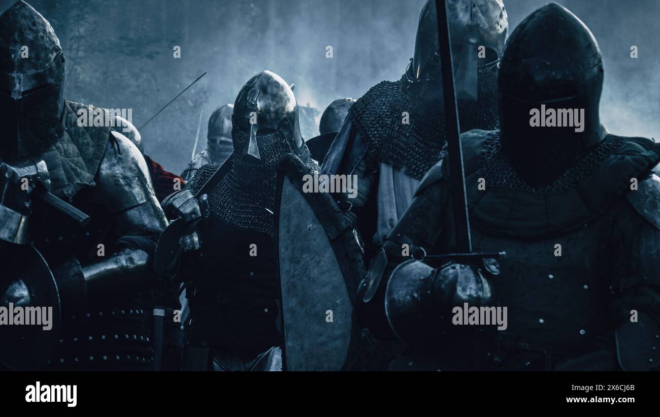 Ancient Invading Army of Medieval Knights Marching on Battlefield. Plate Body Armored Warriors ...