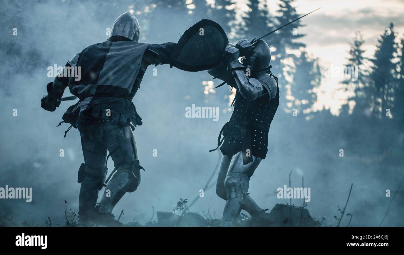 Dark Age Battlefield: Two Armored Medieval Knights Fighting with Swords. Battle of Armed Warrior ...