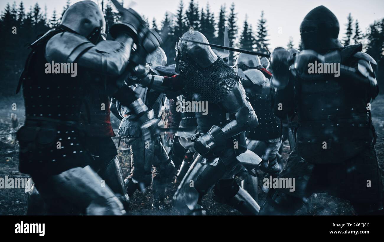 Epic Battlefield: Armies of Medieval Knights Fighting with Swords. Dark ...