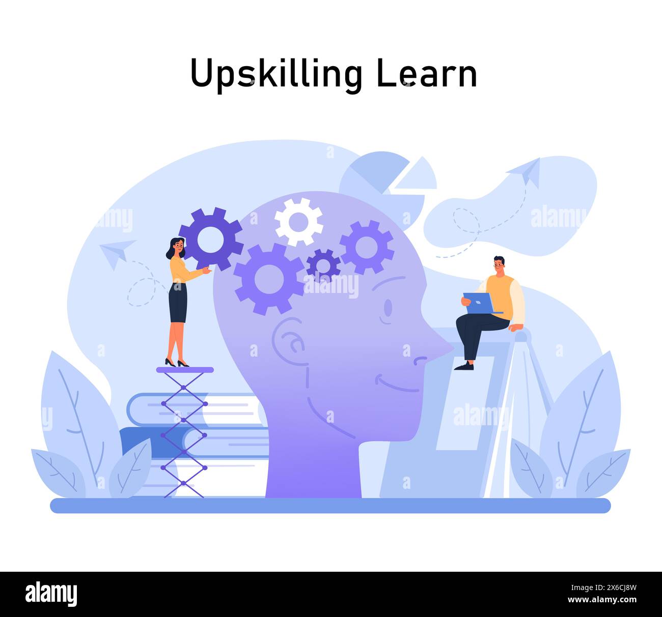 Upskilling journey set. Woman adjusting cogwheels inside a human head ...