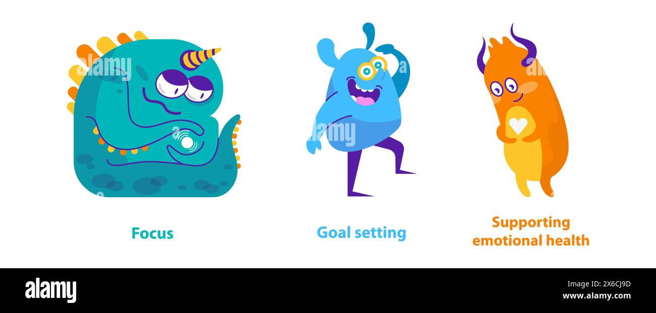 Monster helpers set. Colorful creatures represent focus, goal setting ...