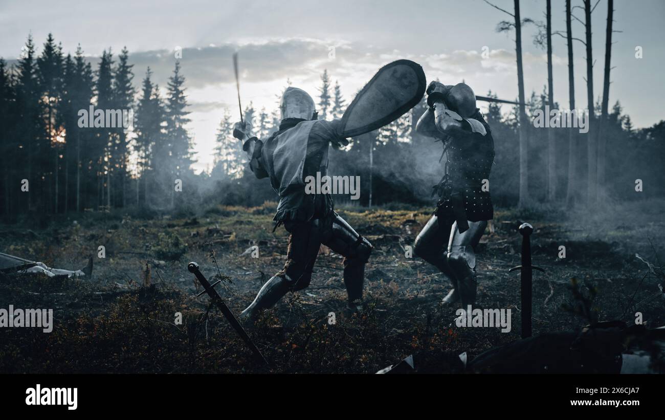 Dark Age Battlefield: Two Armored Medieval Knights Fighting with Swords ...