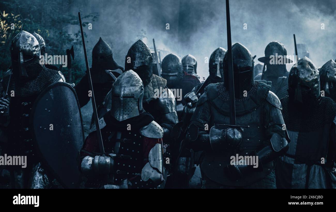 Ancient Invading Army of Medieval Knights Marching on Battlefield. Plate Body Armored Warriors ...