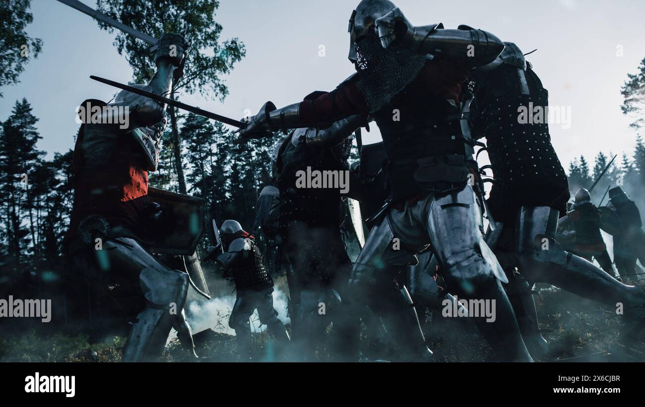 Epic Armies of Medieval Knights on Battlefield Clash, Plate Body Armored Warriors Fighting ...