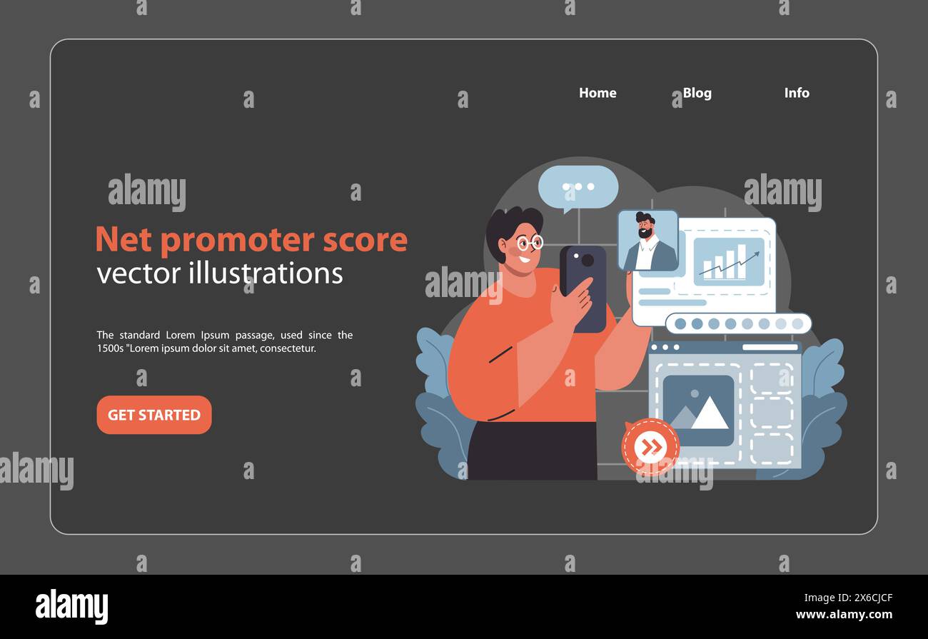 Net promoter score concept. Illustration captures measuring customer loyalty and satisfaction ...