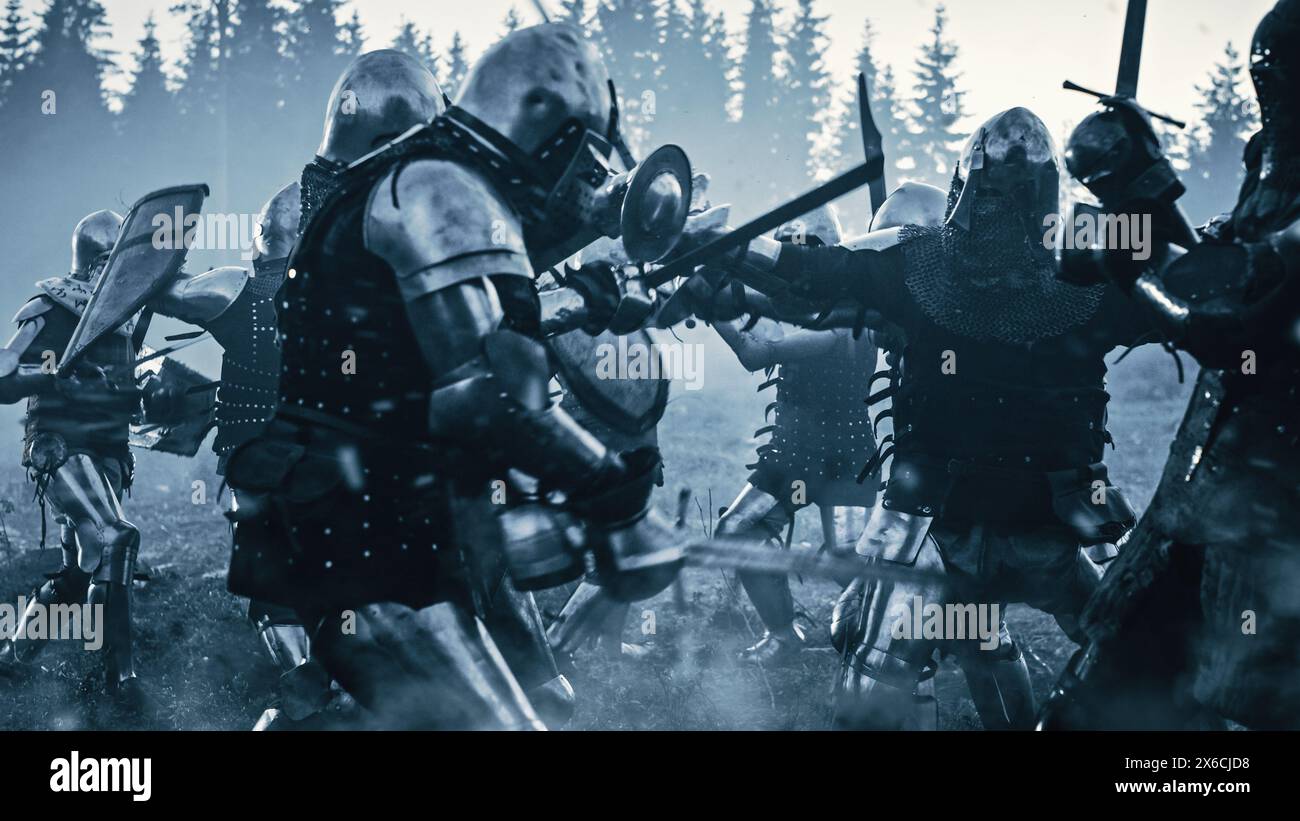 Epic Battlefield: Armies of Medieval Knights Fighting with Swords. Dark ...