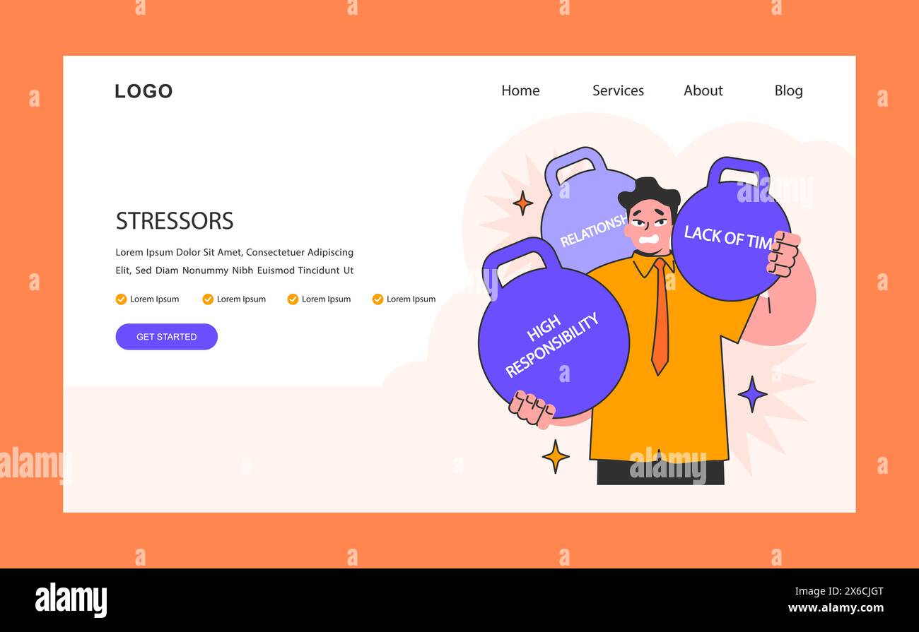 Overwhelmed businessman bending under heavy stressors web banner or ...