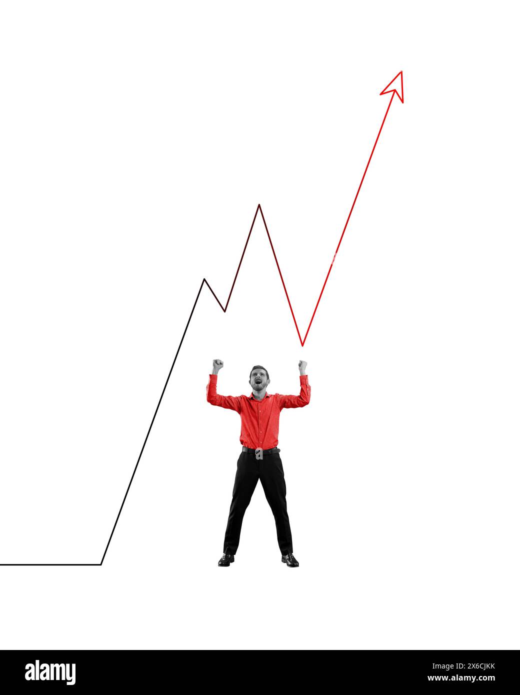 Success trajectory. Businessman showing happiness with analytical arrow ...