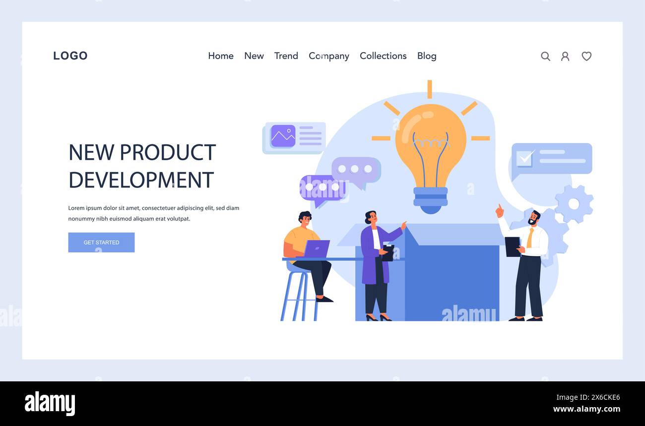 New Product Development highlighted. Team collaborates around a shining ...