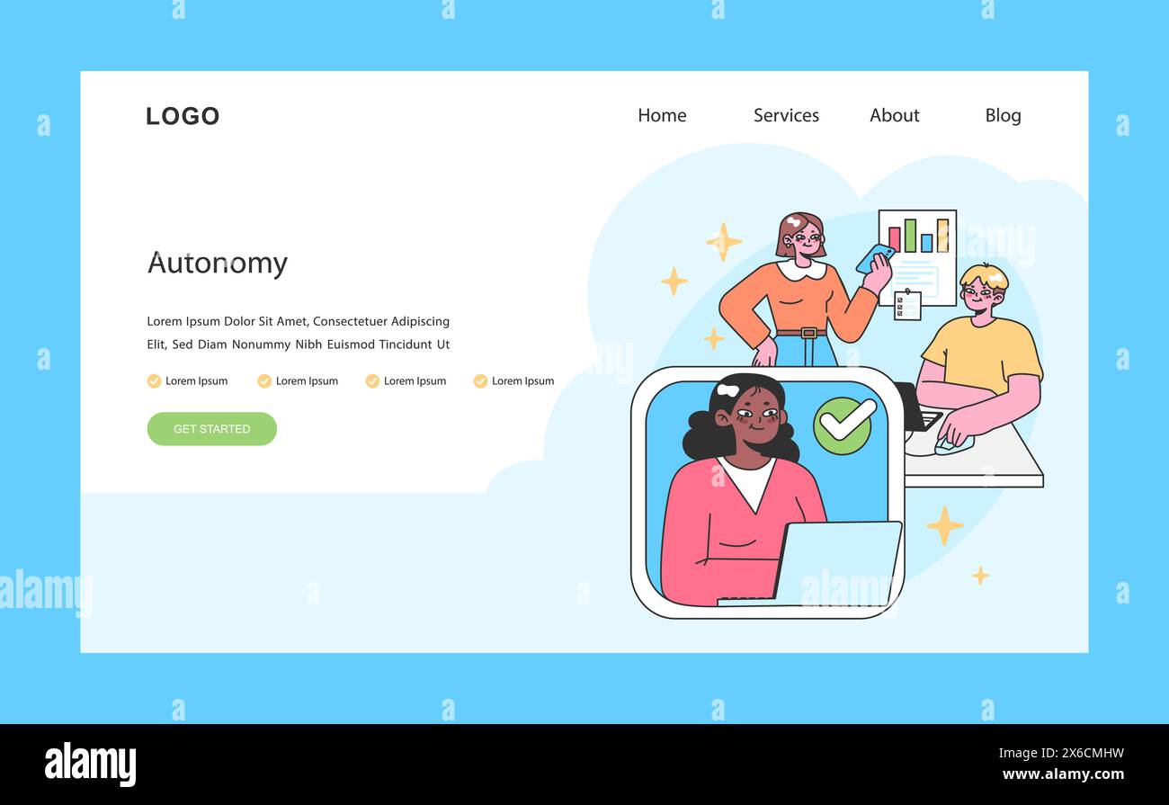 Autonomy web or landing. Empowered woman approves tasks remotely, while ...