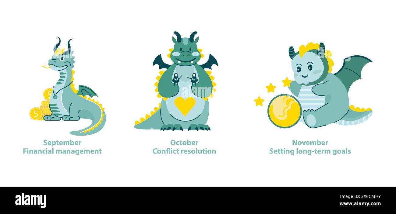 Dragon Helpers set. Illustration of dragons guiding through financial ...