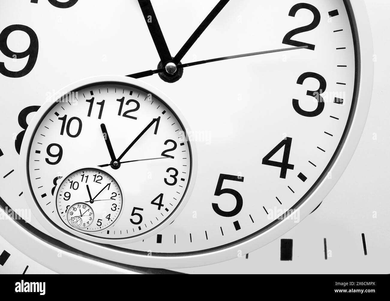 Infinity and other time related concepts. White clock face twisted in ...