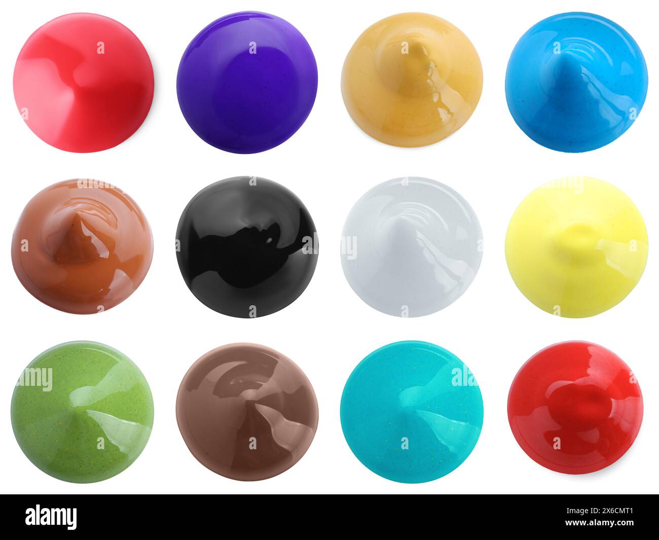 Set with paint blobs of different colors isolated on white, top view ...