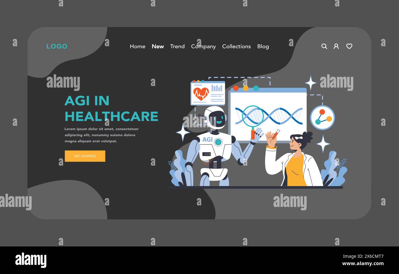 AGI night or dark mode web or landing page. Revolutionizing healthcare ...