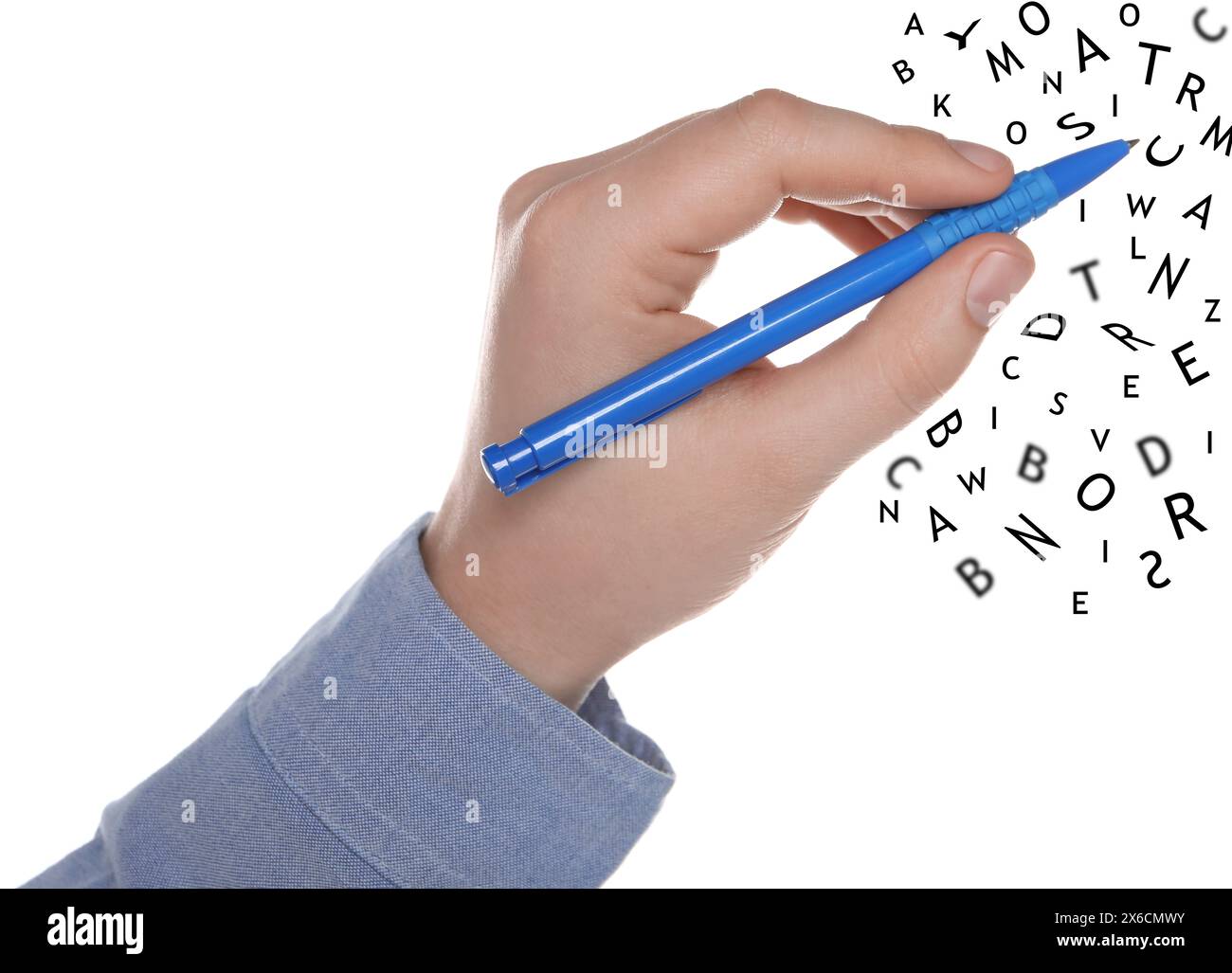 Man writing letters and they flying away on white background, closeup ...