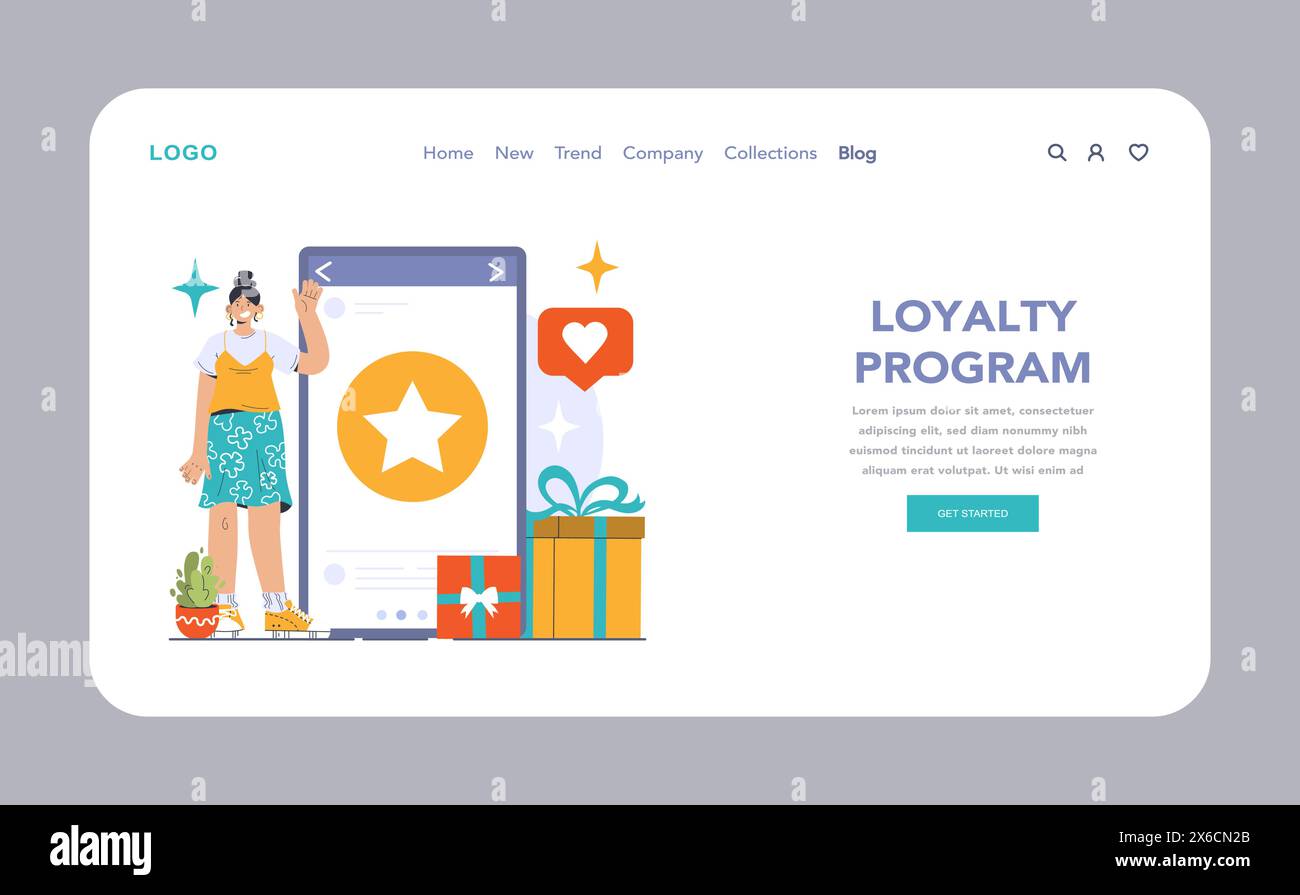 Loyalty reimagined web or landing. Woman engaging with a digital ...