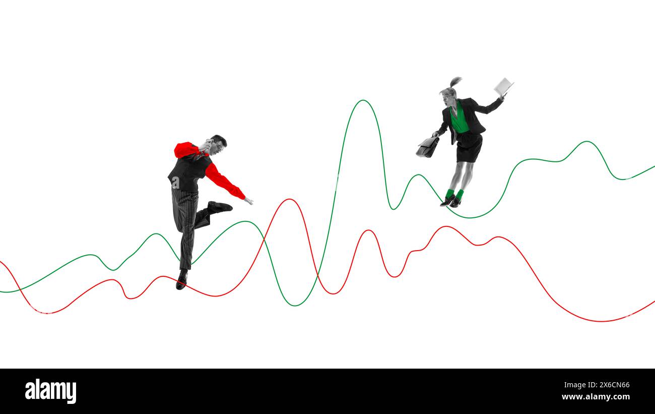 Two employees with red and green line. Analyzing trends, marketing ...