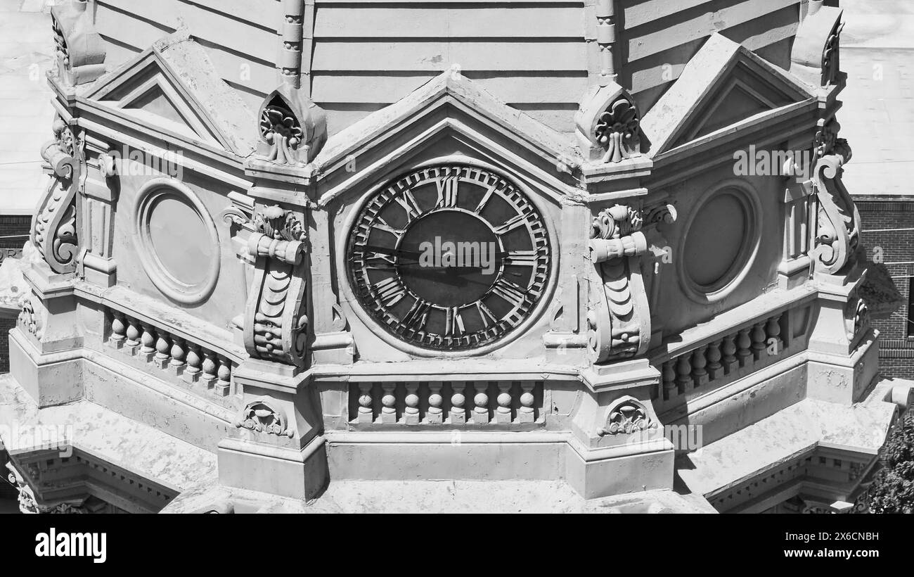 Black and White of Ornate Clock and Architecture, Kosciusko County ...