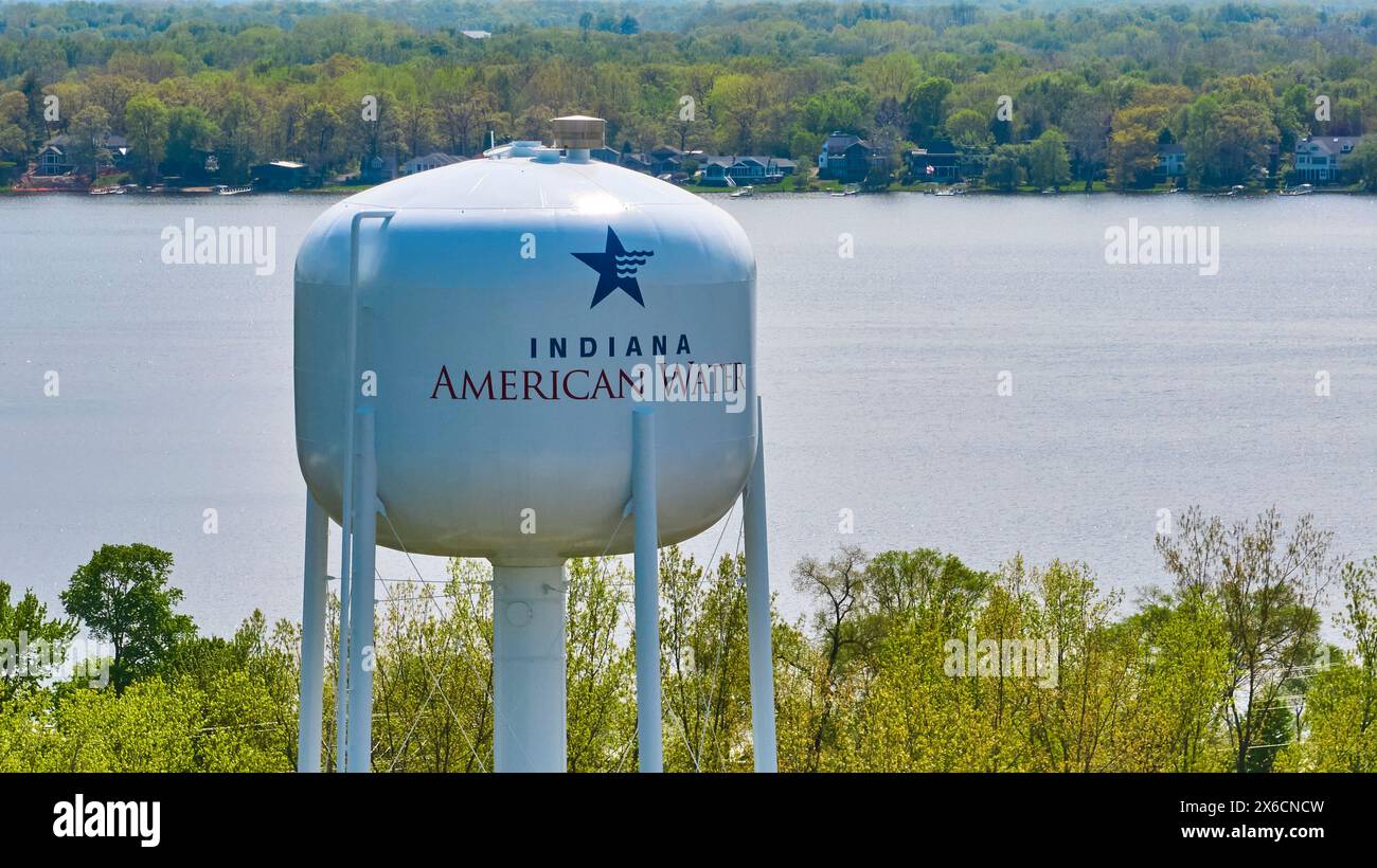 Aerial View of Indiana Water Tower, Lake, and Community Stock Photo - Alamy
