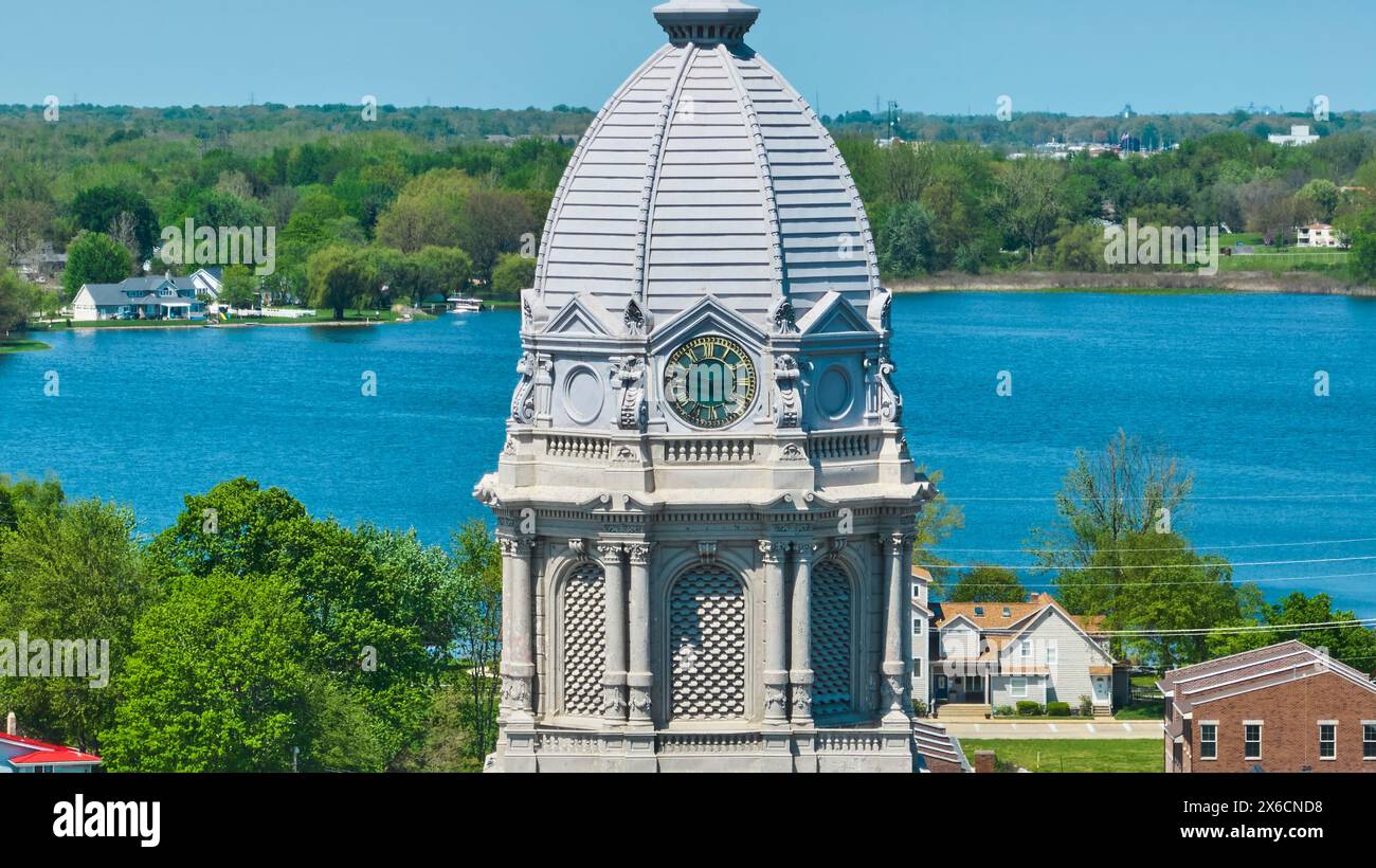 Aerial View of Ornate Courthouse Dome and Clock Overlooking Lake ...