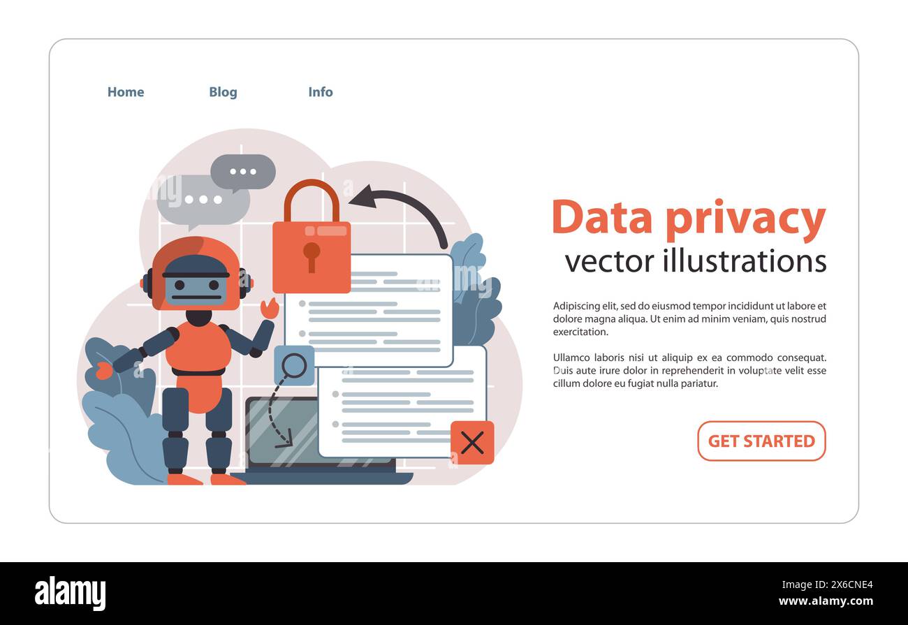 Data privacy concept. Robot ensures user documents are secure, illustrating the automation of ...