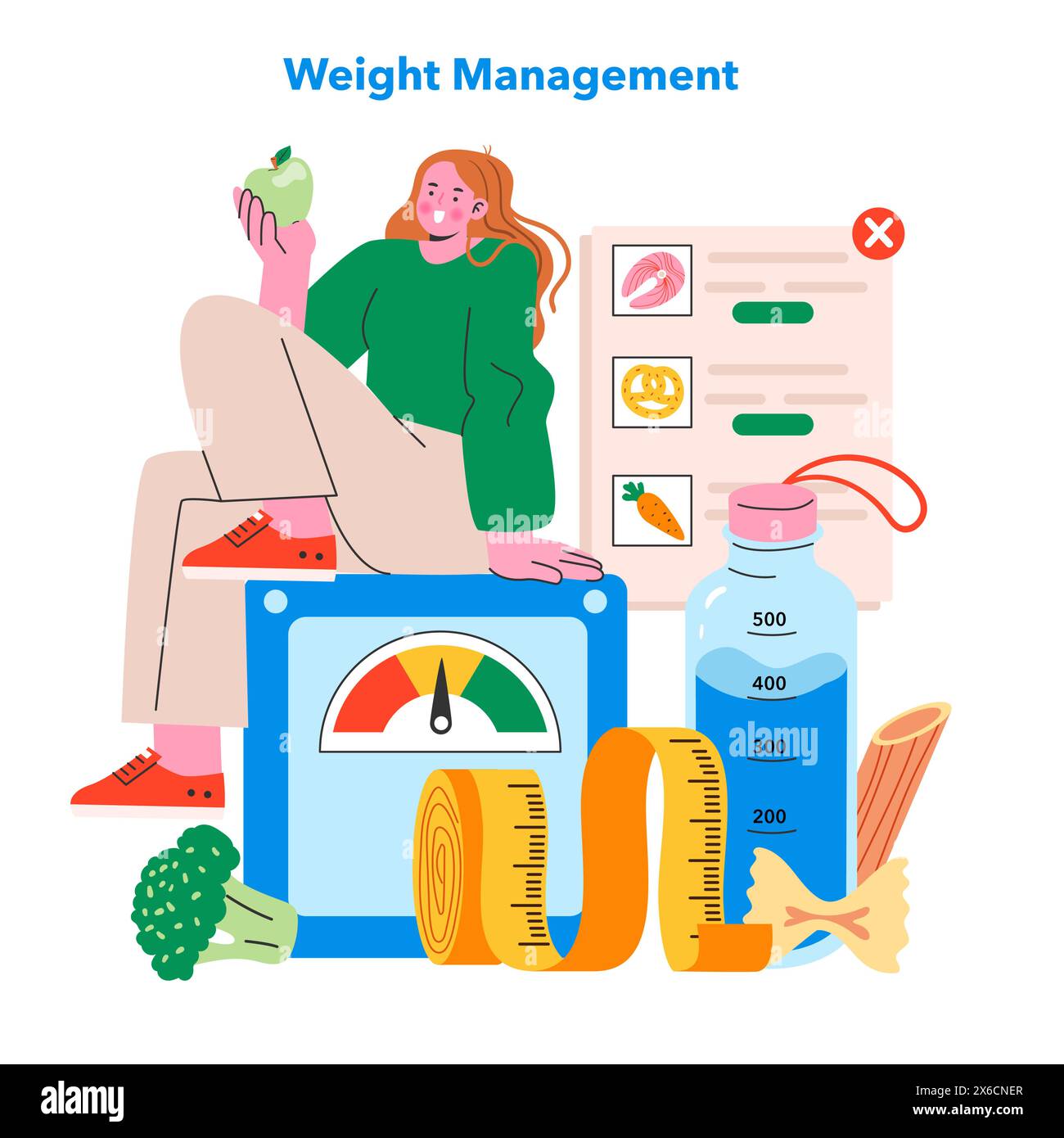 Weight Management concept. A woman sits on a scale, considering healthy ...