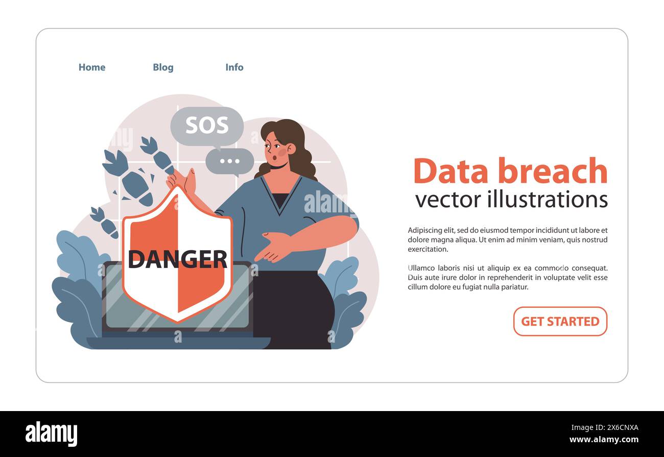 Data breach concept. Concerned woman signals SOS behind a laptop showcasing a danger shield ...