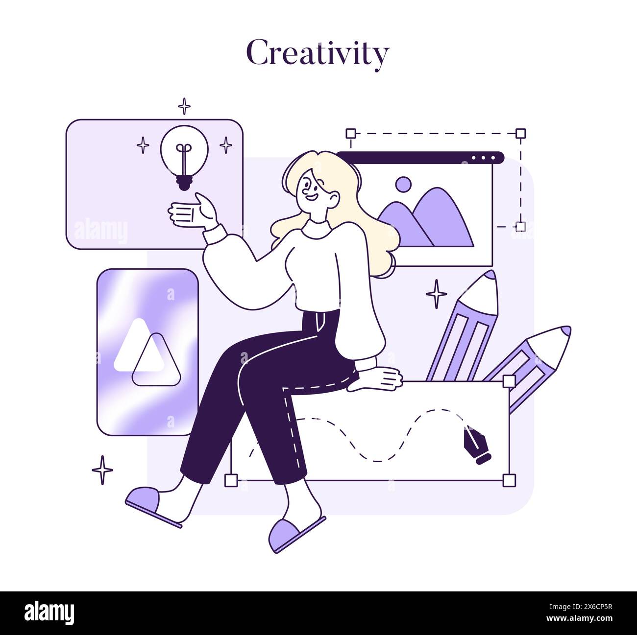 Creativity concept. A cheerful woman engages with digital art tools ...