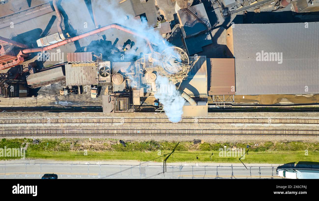 Aerial View of Industrial Complex with Smoke and Rail Tracks, Warsaw ...
