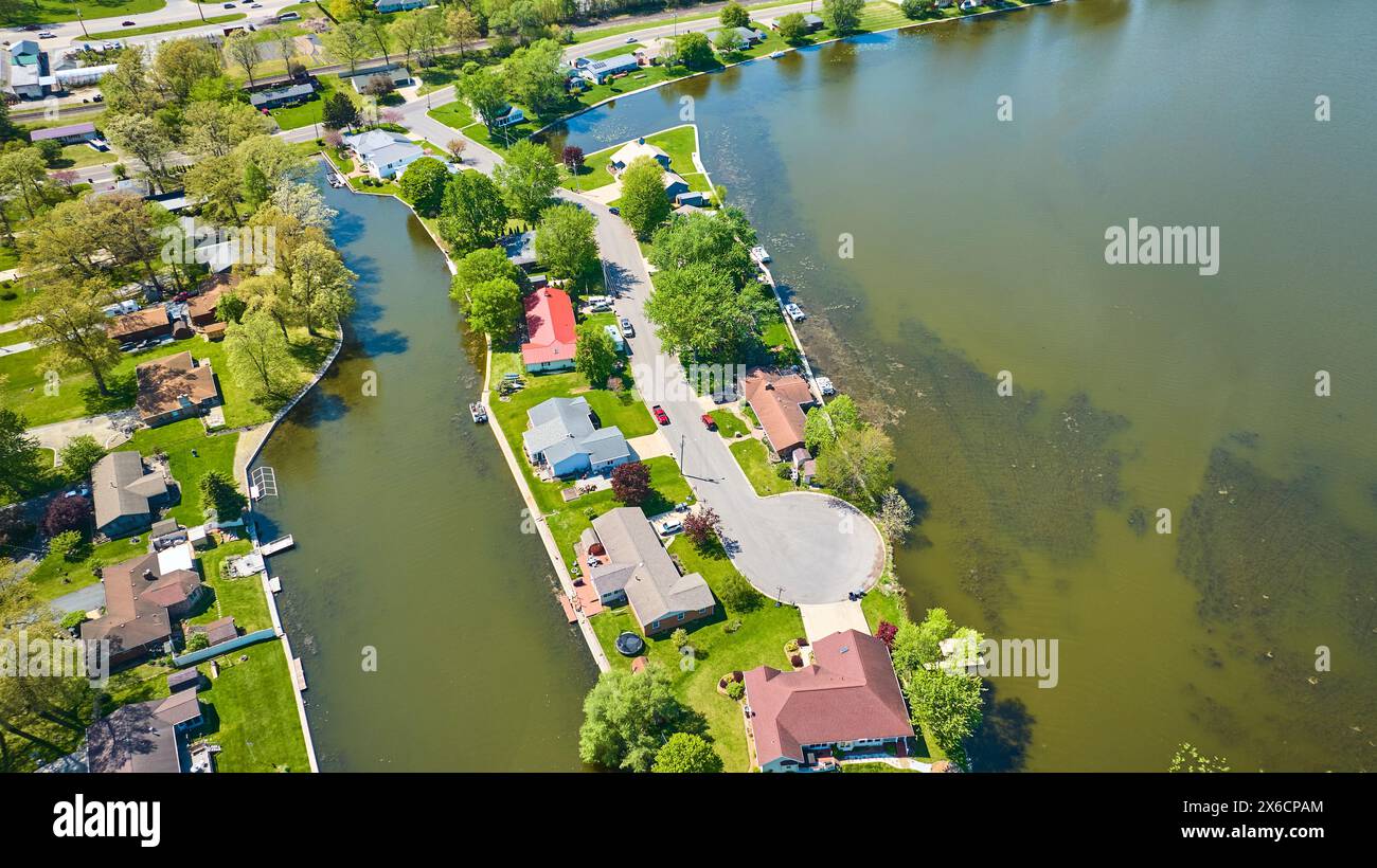 Aerial View of Serene Lakefront Suburban Neighborhood in Warsaw ...