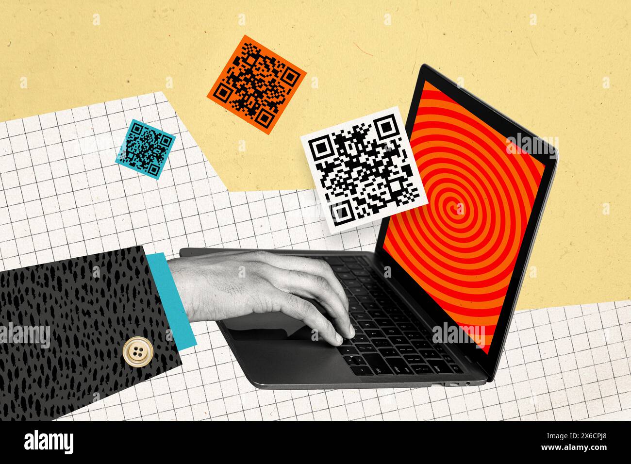 Composite photo collage of hands type macbook device spiral hypnosis ...