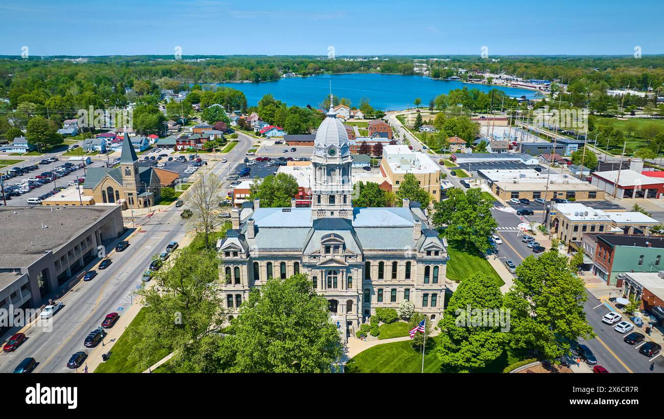 Aerial View of Historic Courthouse and Church in Warsaw, Indiana Stock ...