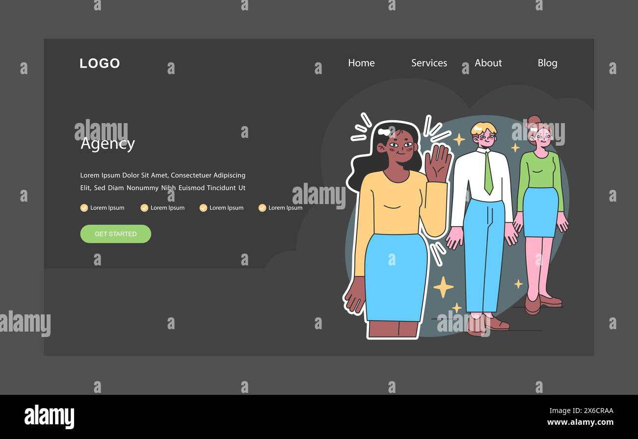Empowerment dark or night mode web, landing. Group of diverse office ...