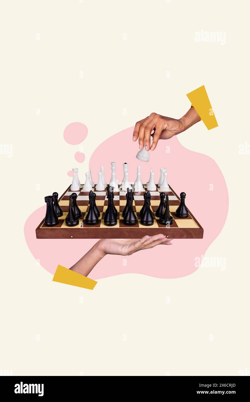 Vertical photo collage of two players hold chess board game hobby ...
