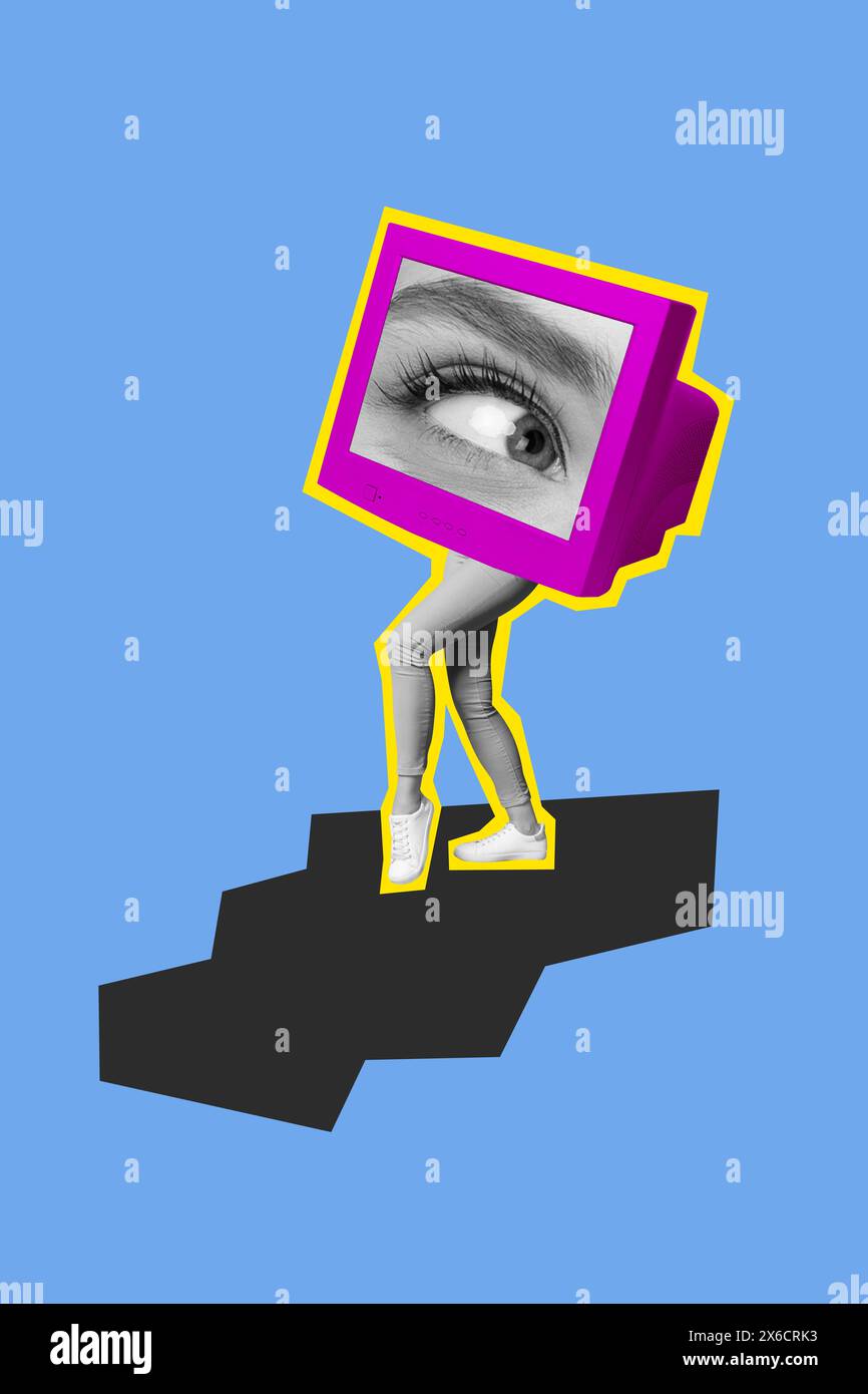 Collage artwork sketch of weird unusual figurative female body tv set ...