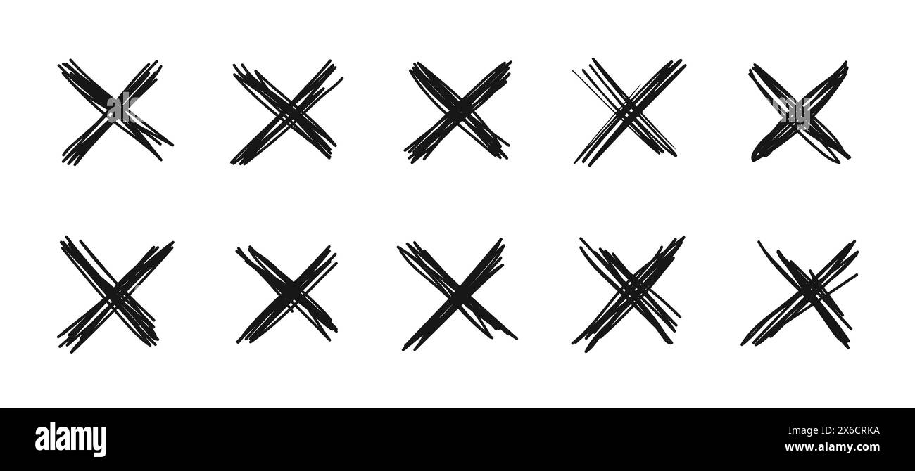 X scribble mark. Isolated vector monochrome cross symbols set. Doodle x ...
