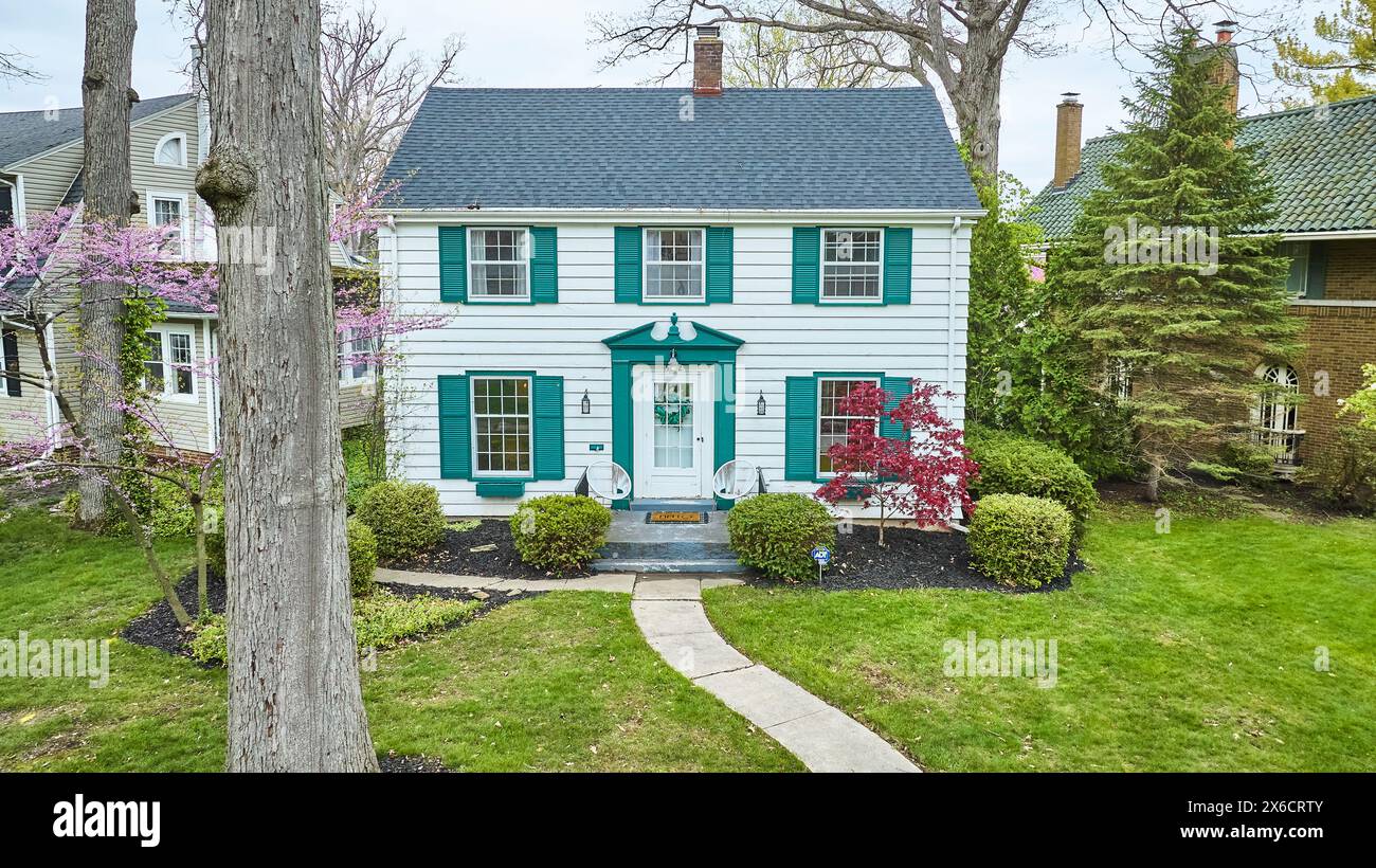 Aerial View of Classic American Suburban Home with Spring Blooms Stock ...