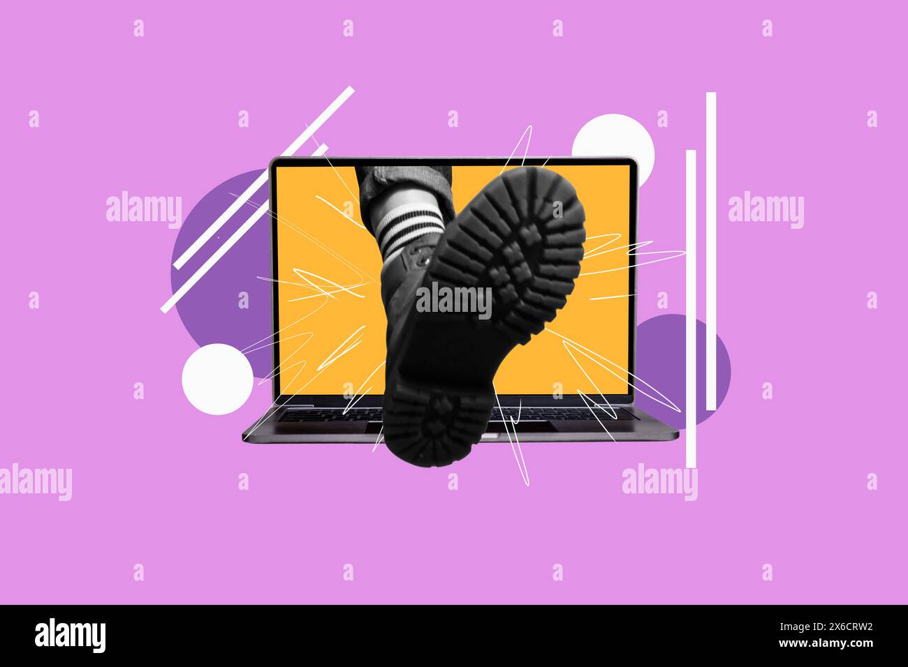 Creative collage image human leg break computer screen display laptop ...