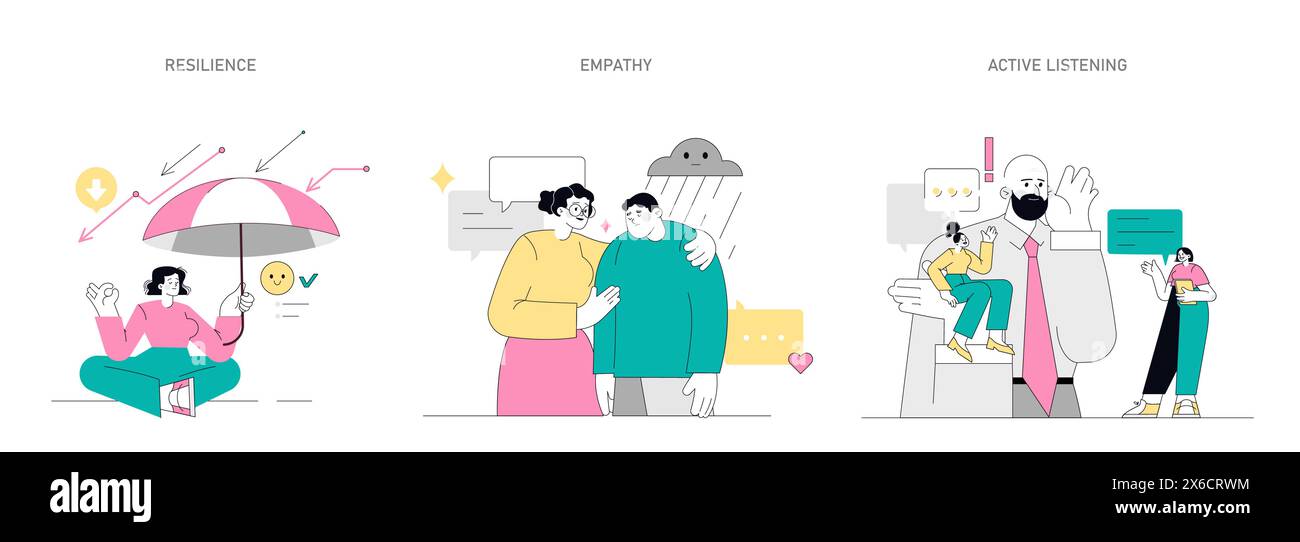 Soft Skills set. Illustration of resilience, empathy, and active ...