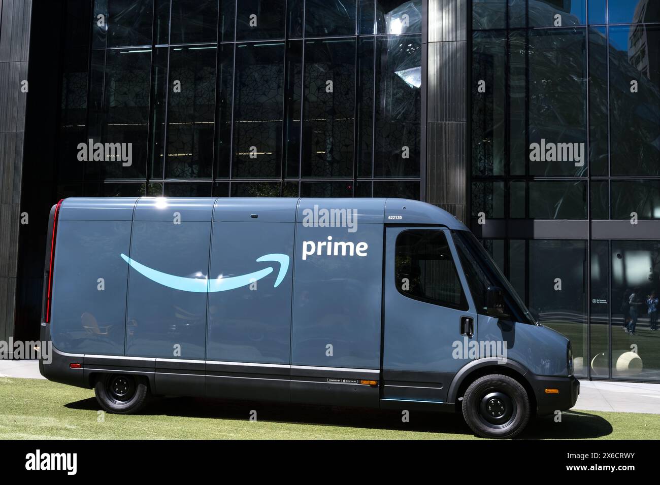 Seattle, USA. 22nd Apr 2024. Amazon Rivian EV delivery vehicle at the ...