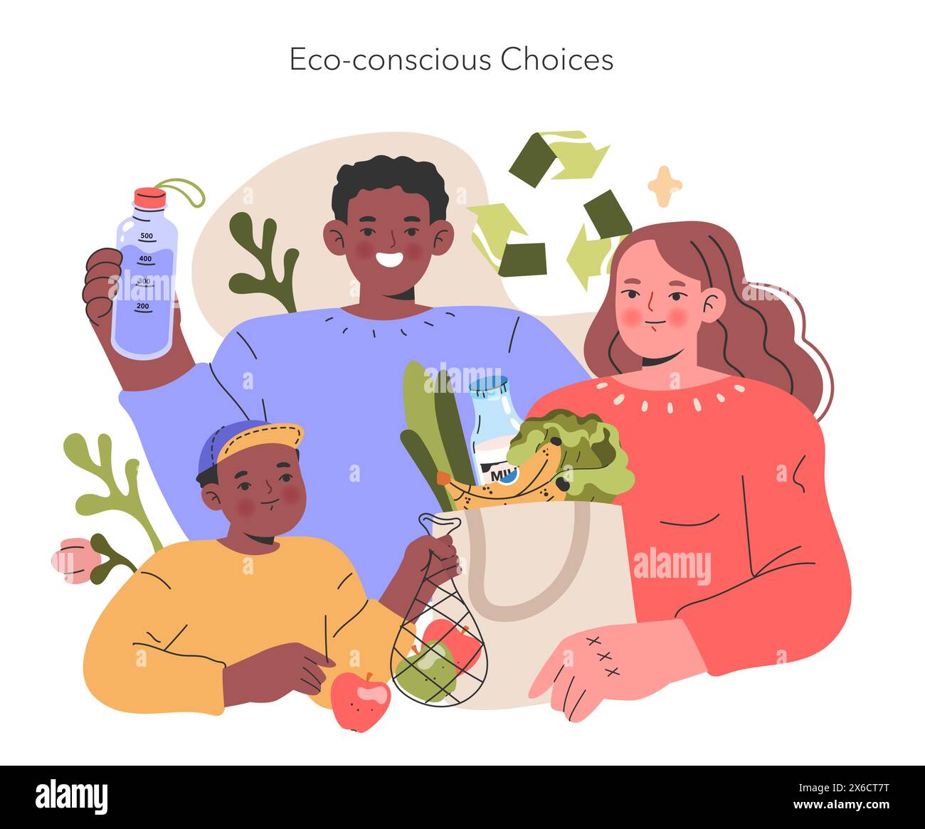 Eco-conscious Choices illustration. A millennial family happily engages ...