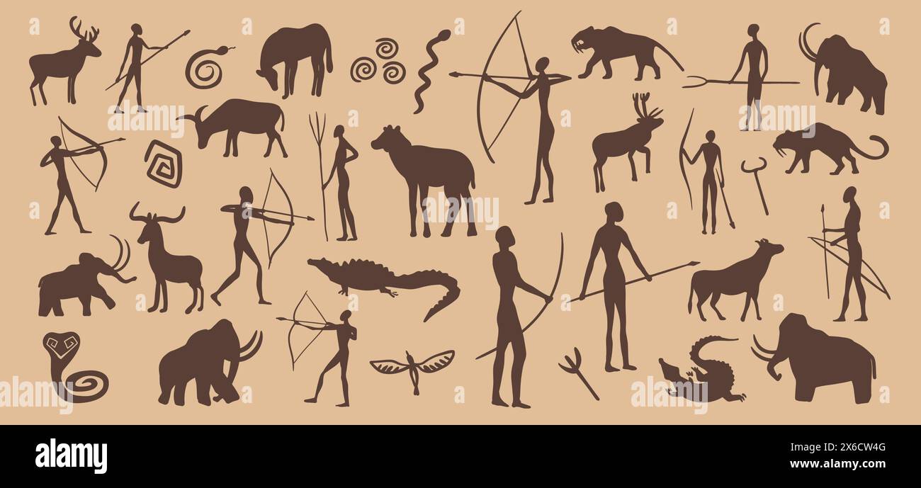 Prehistoric stone drawing, cave painting. Vector ancient primitive ...