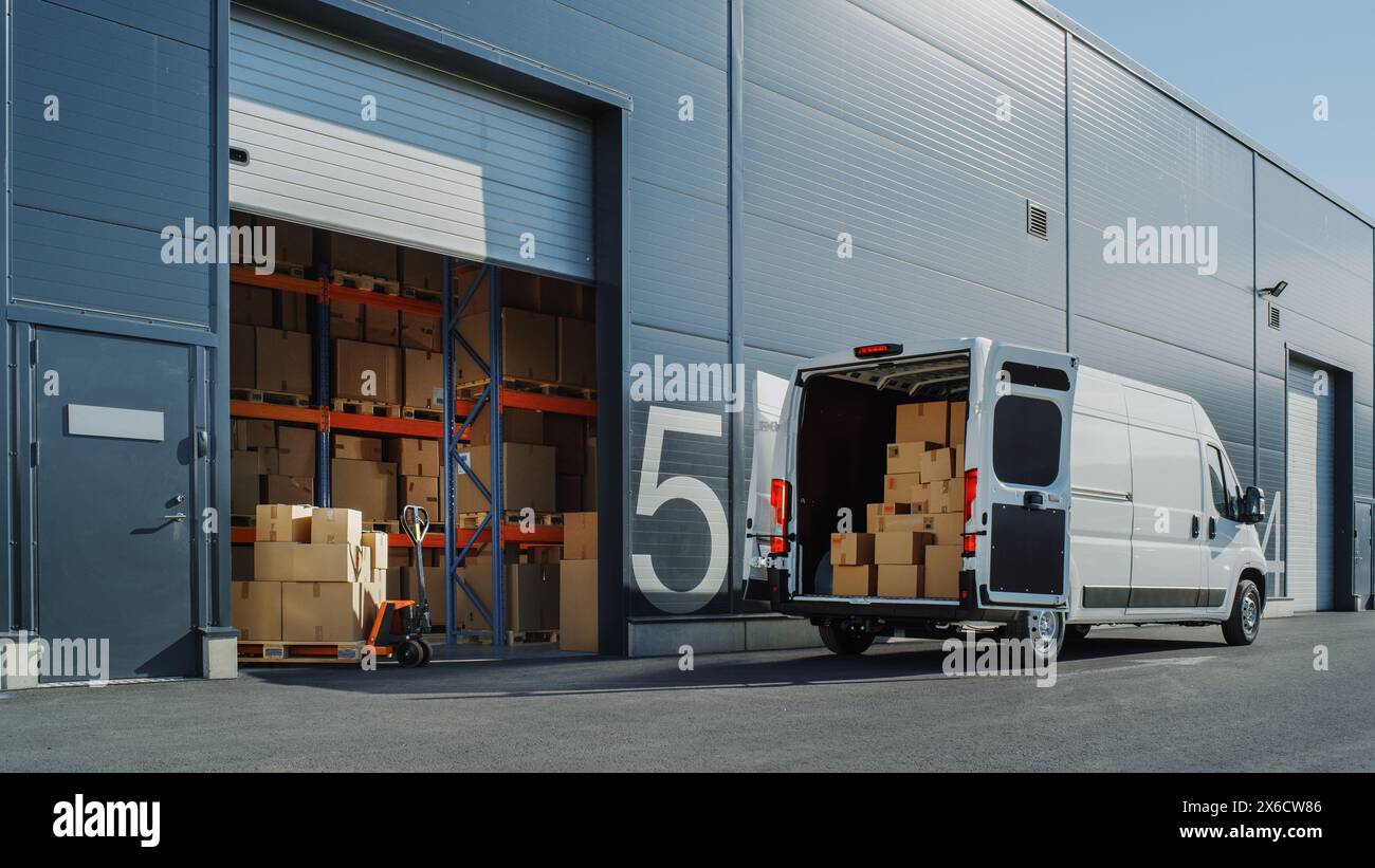 Outside of Logistics Warehouse with Open Door, Delivery Van Loaded with ...