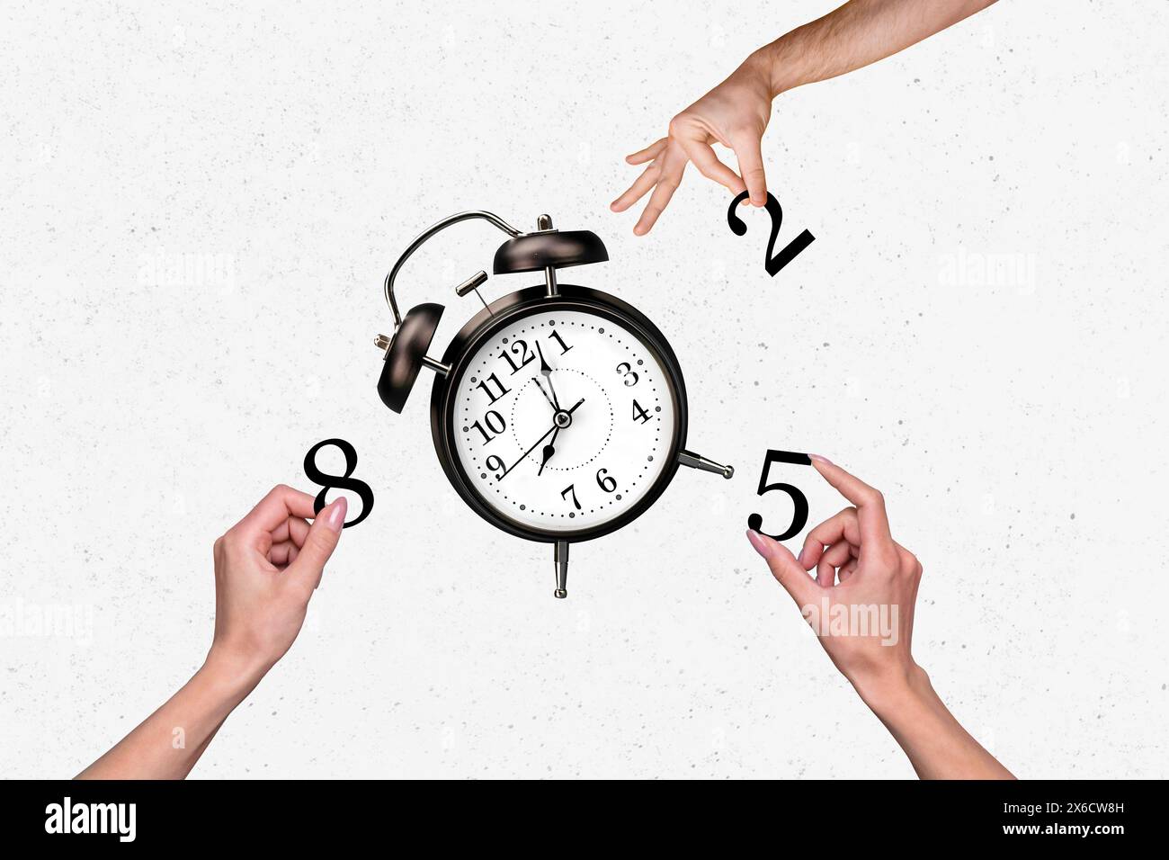 Composite photo collage of human hand hold alarm clock timeline work ...