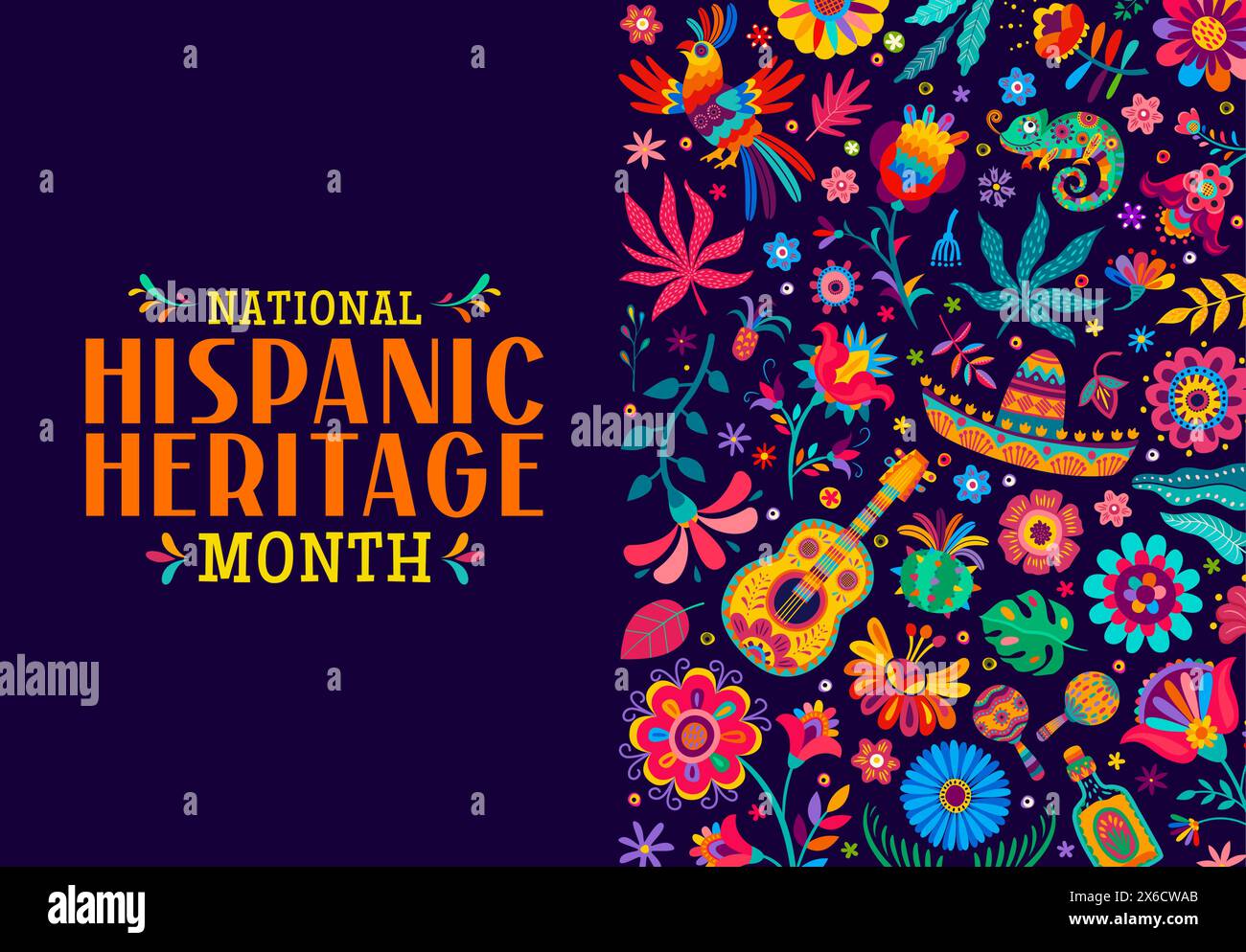 National Hispanic heritage month banner with tropical flowers. Ethnic celebration card, Mexican ...