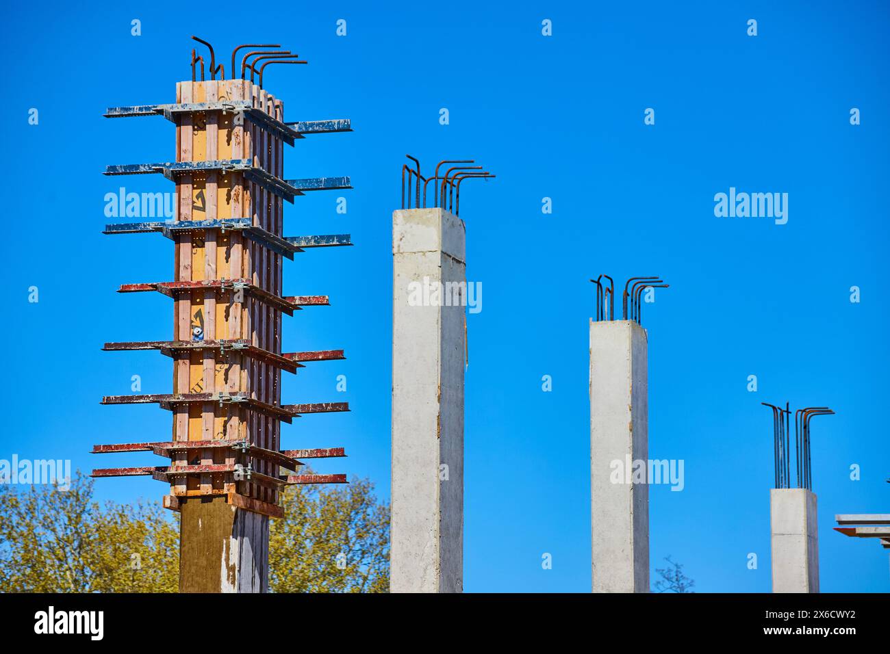 Construction Columns and Scaffolding at Building Site, Ground-Up View ...
