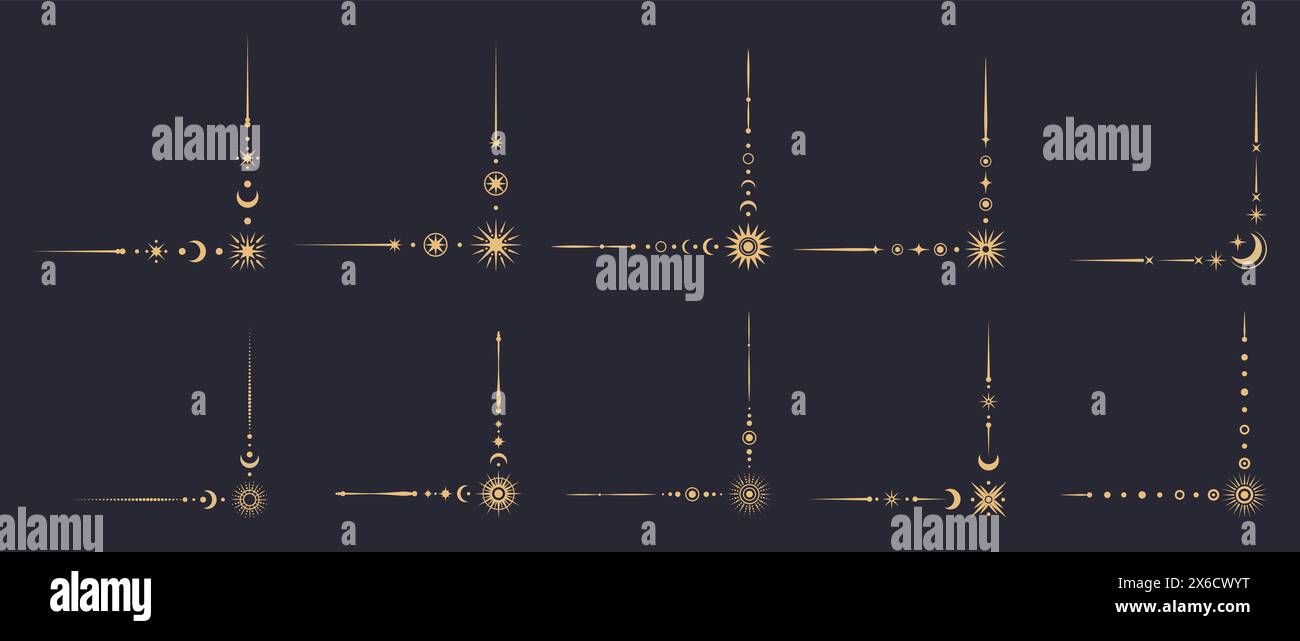 Magic celestial border corners. Vector set of decorative golden angles ...