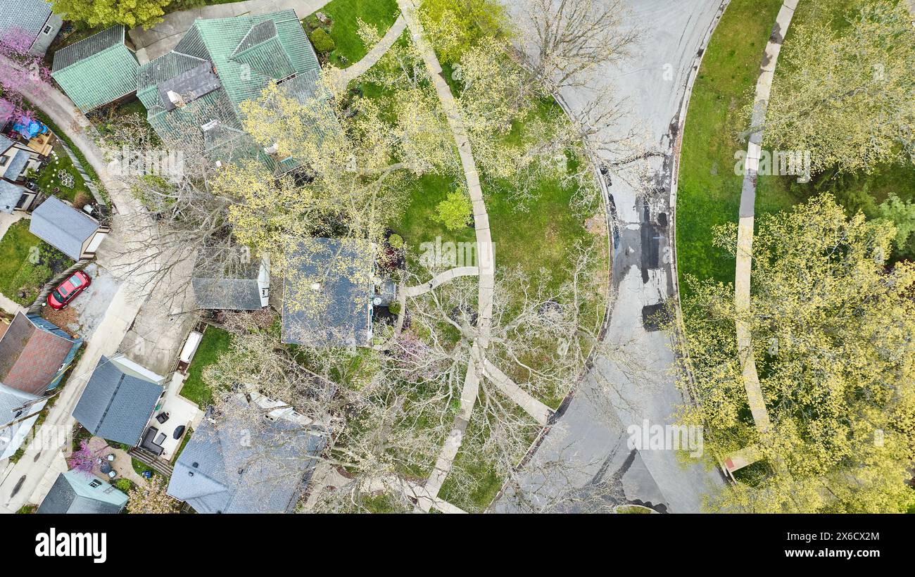 Aerial Top Down View of Lush Suburban Neighborhood in Spring Stock ...