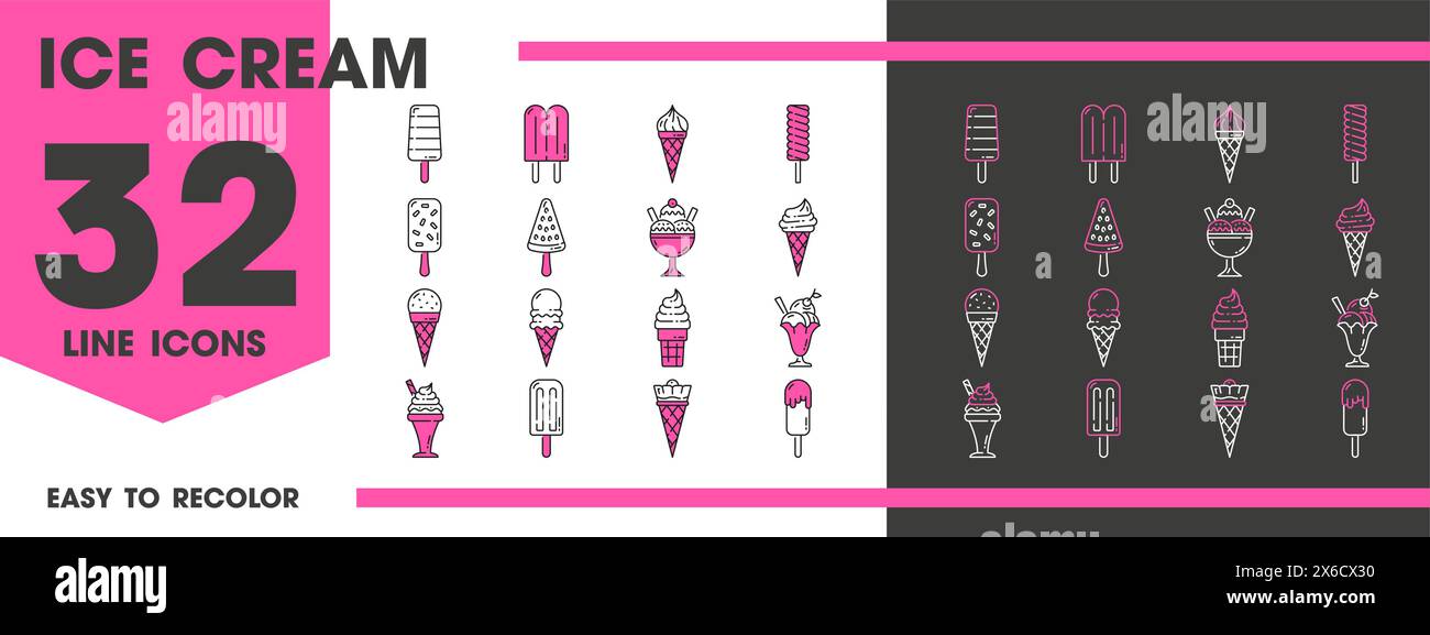 Ice cream line icons isolated vector set. Linear signs of icecream ...